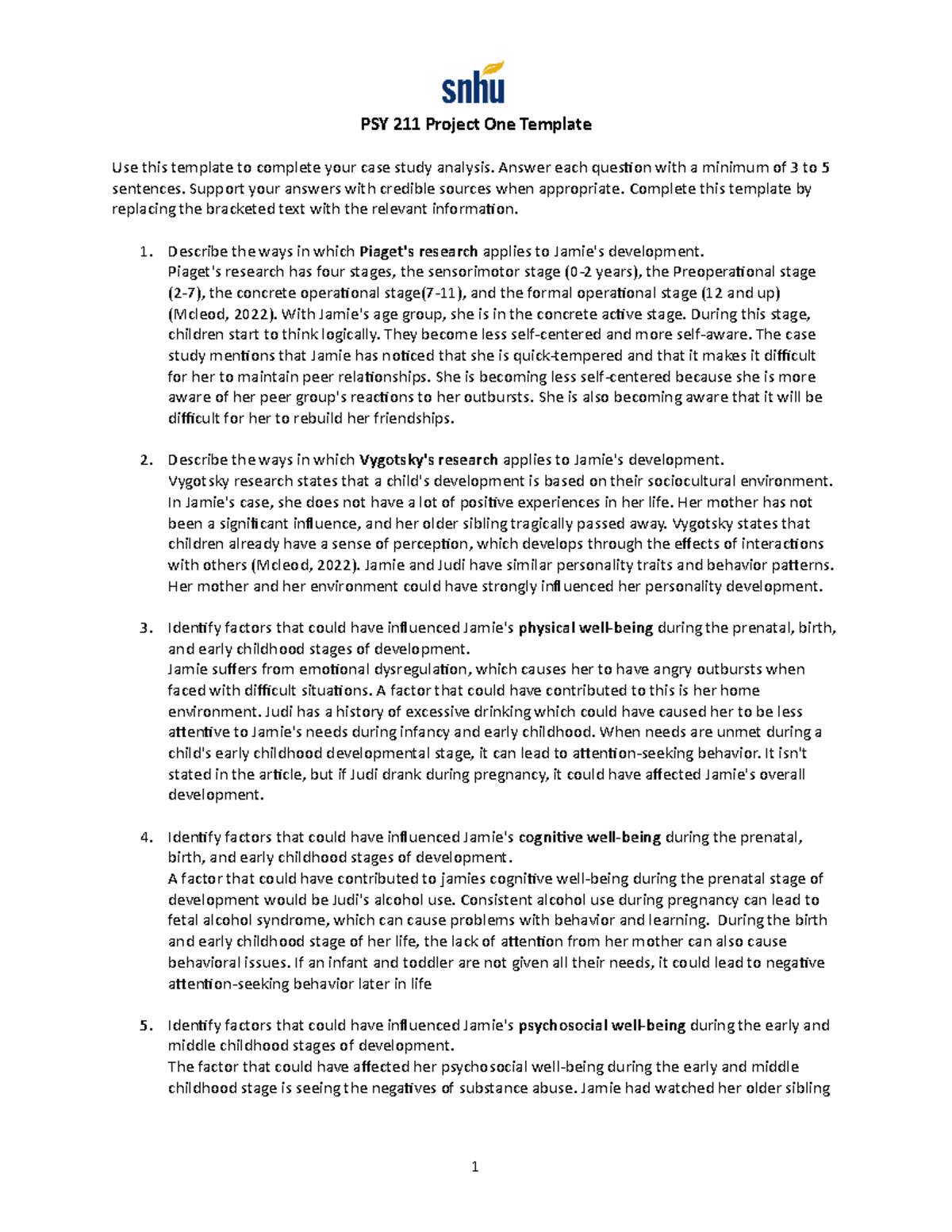 PSY 211 Project One Template - PSY 211 Project One Template Use this ...