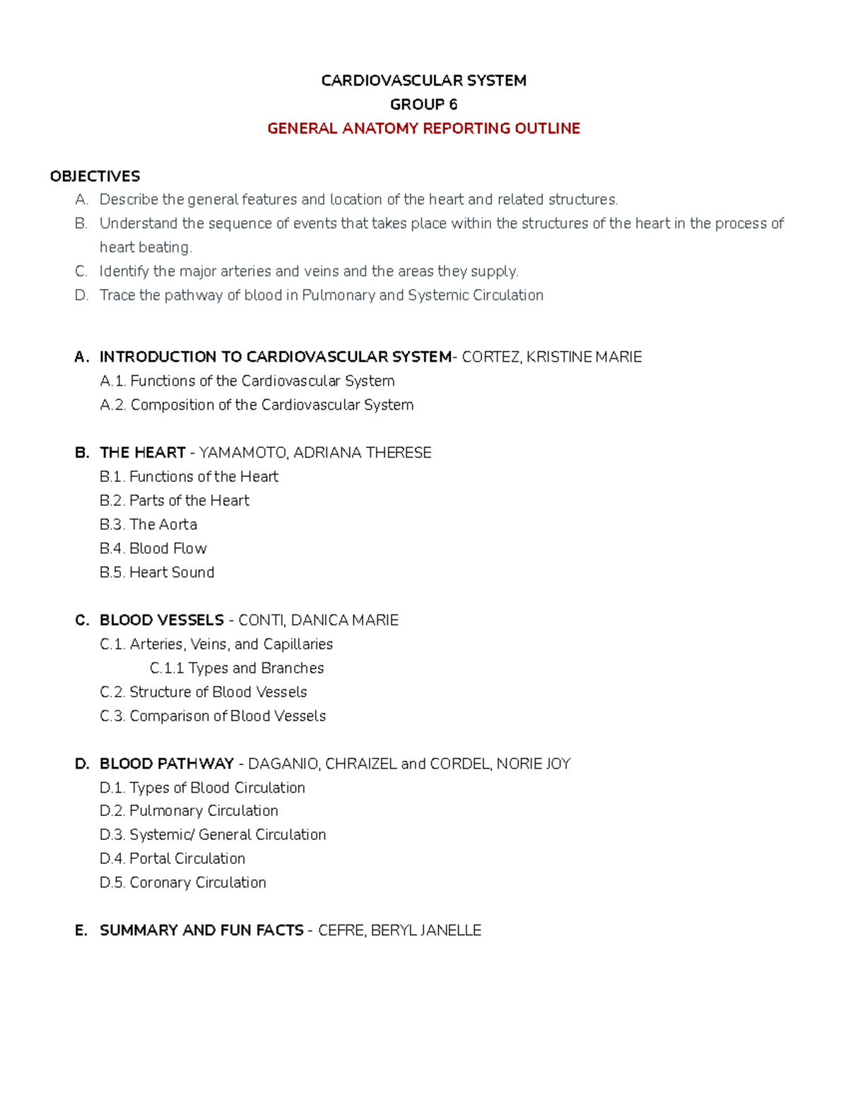 Cardiovasular System - Lecture notes 1 - CARDIOVASCULAR SYSTEM GROUP 6 ...