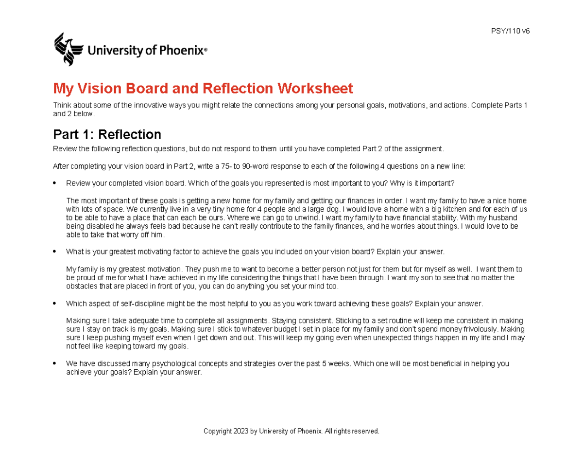 Psy110 v6 wk5 my vision board and reflection worksheet - PSY/110 v My ...