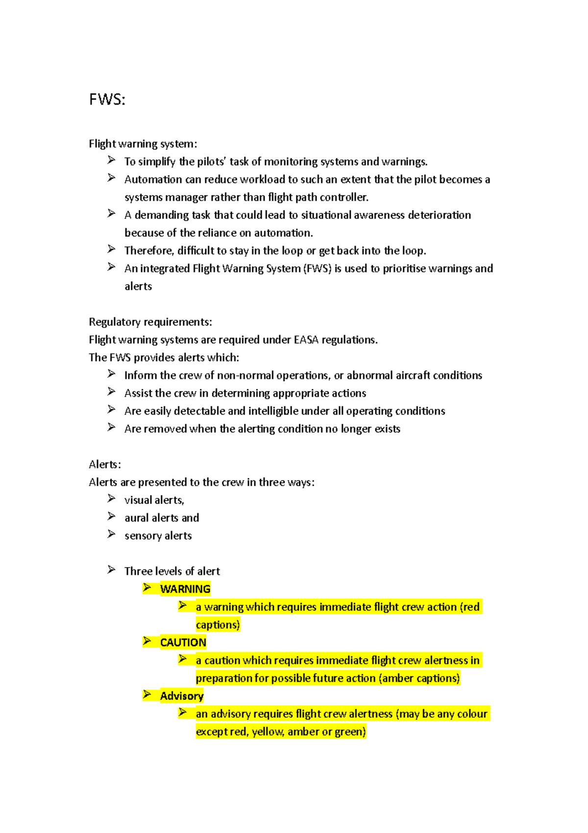 FWS - Notes for subject - FWS: Flight warning system: To simplify the ...