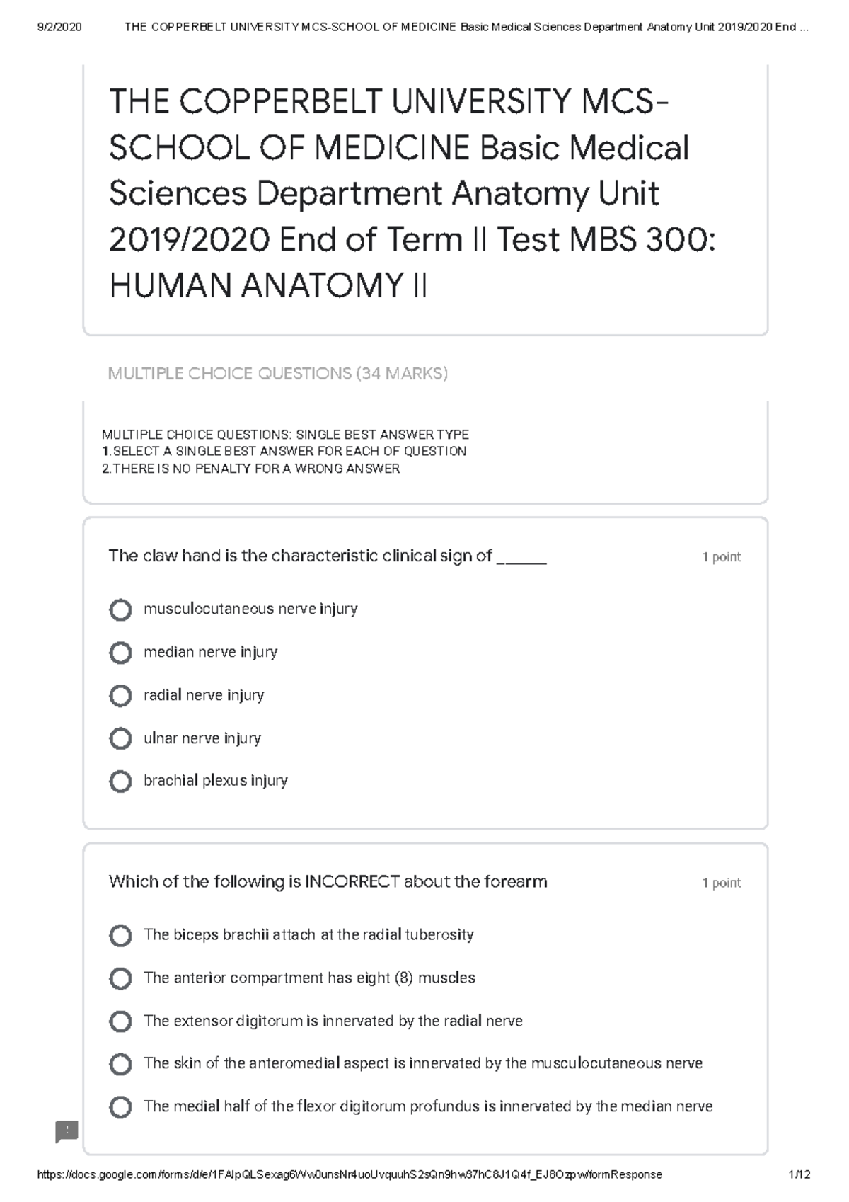 Anatomy MBS 200 - MULTIPLE CHOICE QUESTIONS (34 MARKS) MULTIPLE CHOICE ...