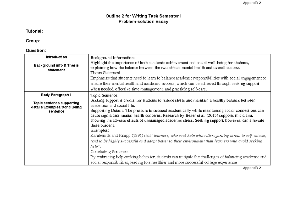 Outline 2 for Writing Task Semester I 2 - Thesis Statement: Emphasize ...