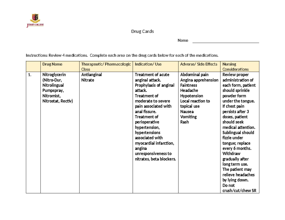 Drug Card 4 - Different drugs with adverse effects, indications and ...