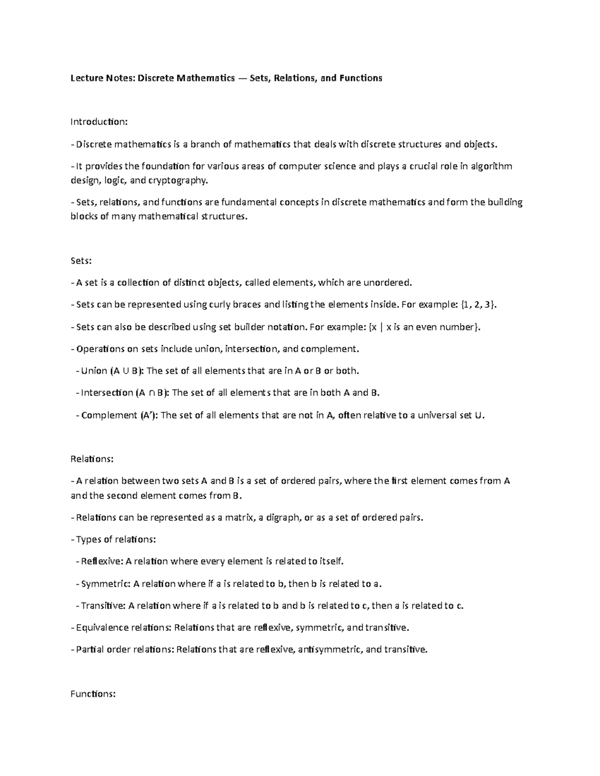 Lecture Notes Discrete Mathematics — Sets Relations And Functions It Provides The