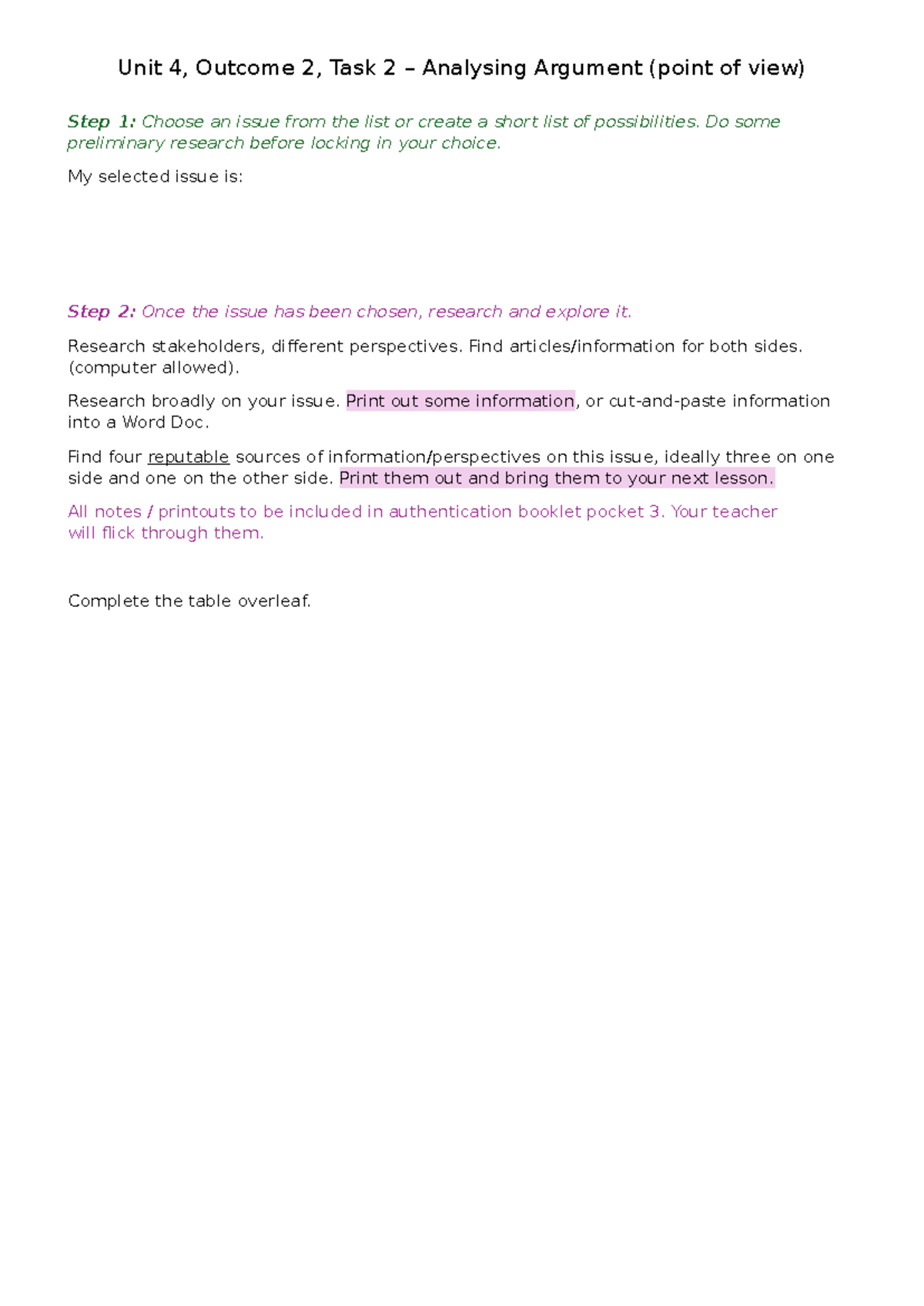 Oral presentation steps - handouts - Step 1: Choose an issue from the ...