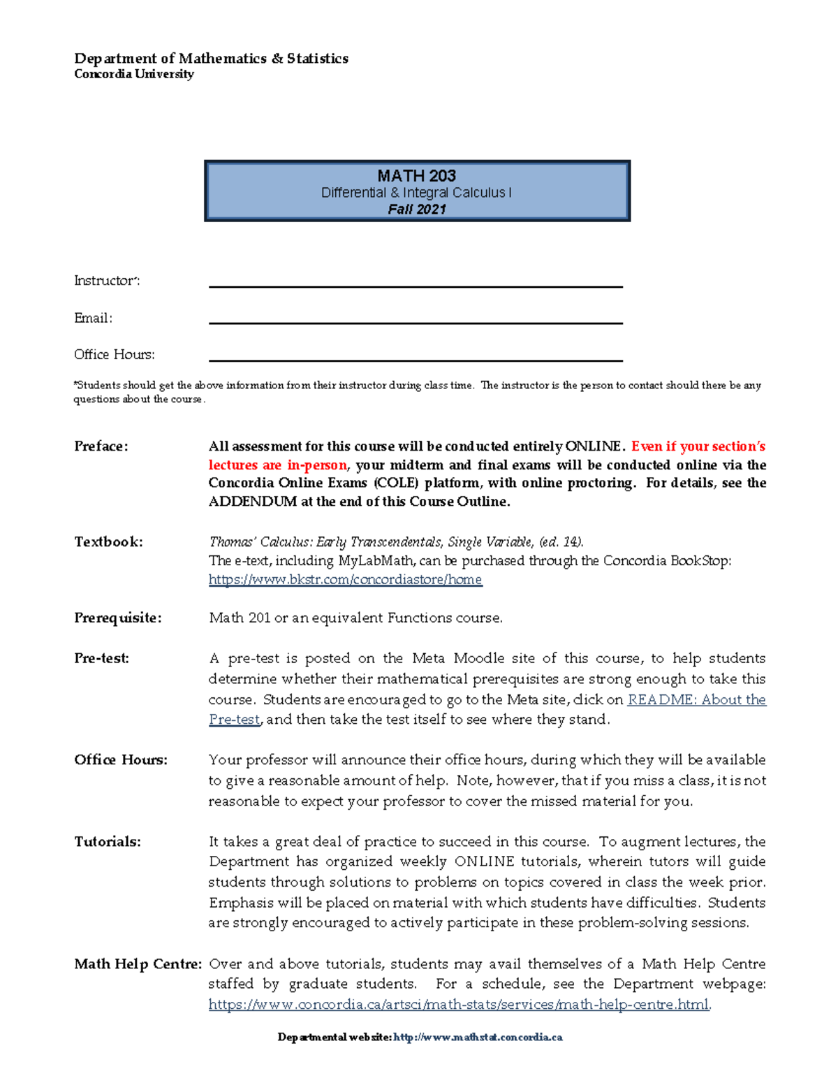 Course Outline - MATH 203 (Fall 2021) - Departmental website: mathstat ...