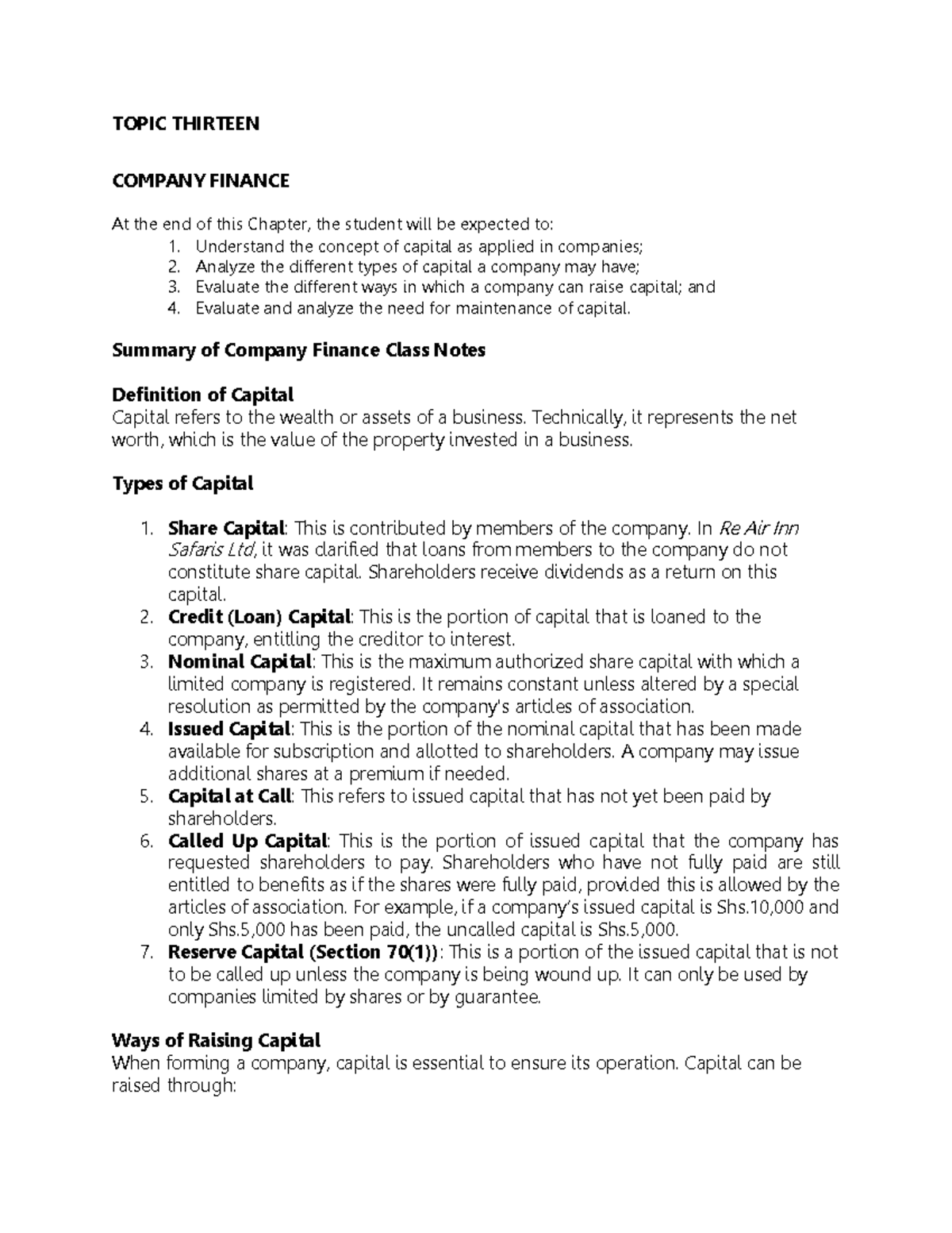Summary of Topic Thirteen- company law - TOPIC THIRTEEN COMPANY FINANCE ...