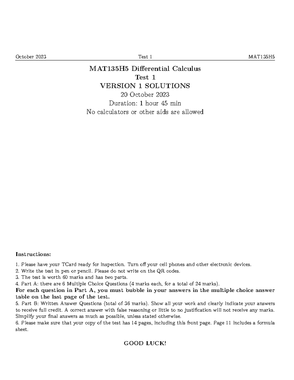 MAT135 Test 1 2023 Solutions version 1 - MAT135H5 Differential Calculus ...