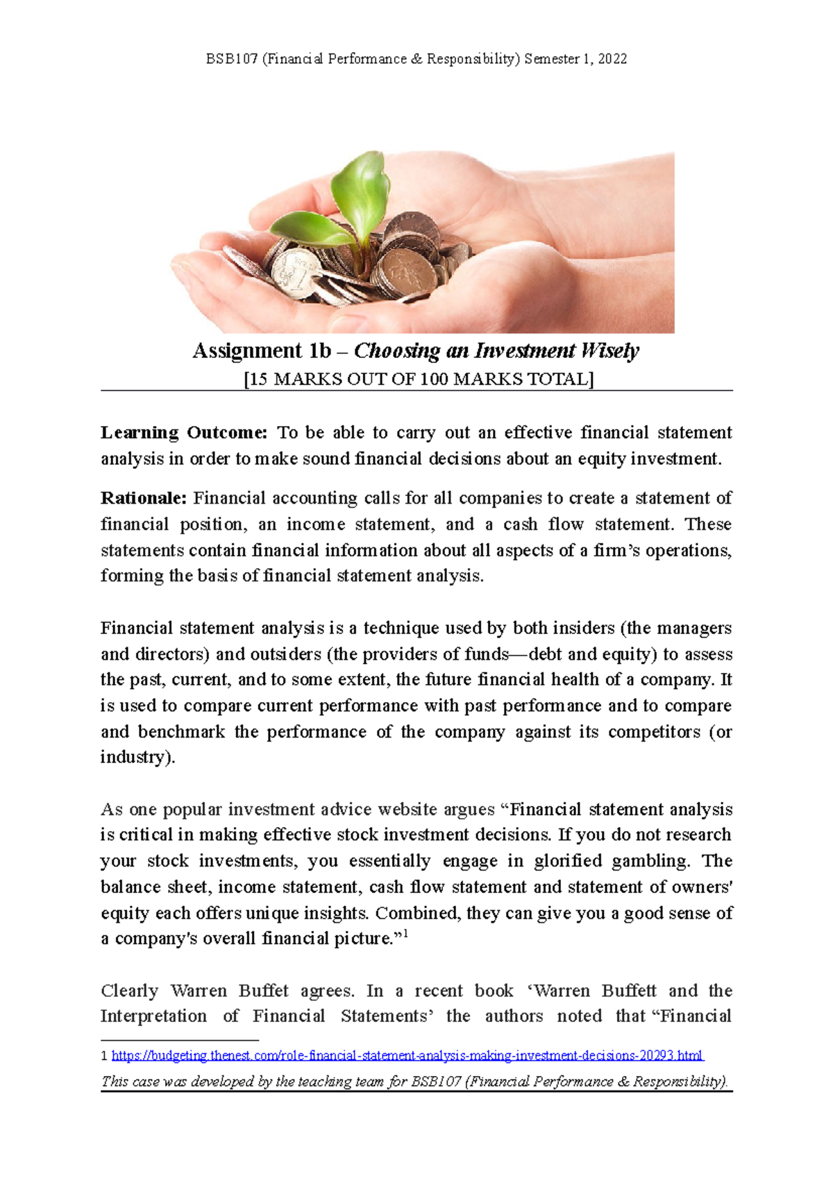 BSB107 Assignment 1b; Invest Wisely - BSB107 (Financial Performance ...