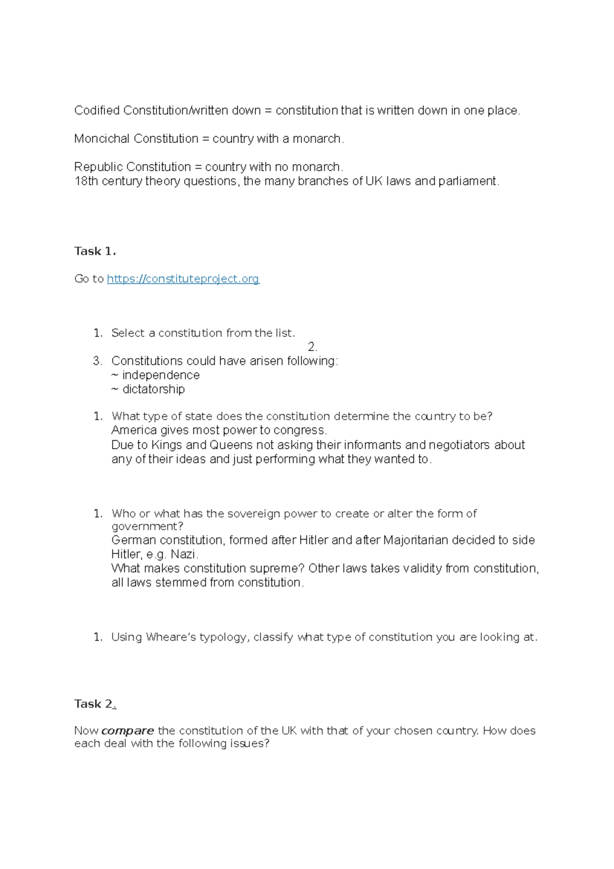 Seminar 2 public law - Codified Constitution/written down ...