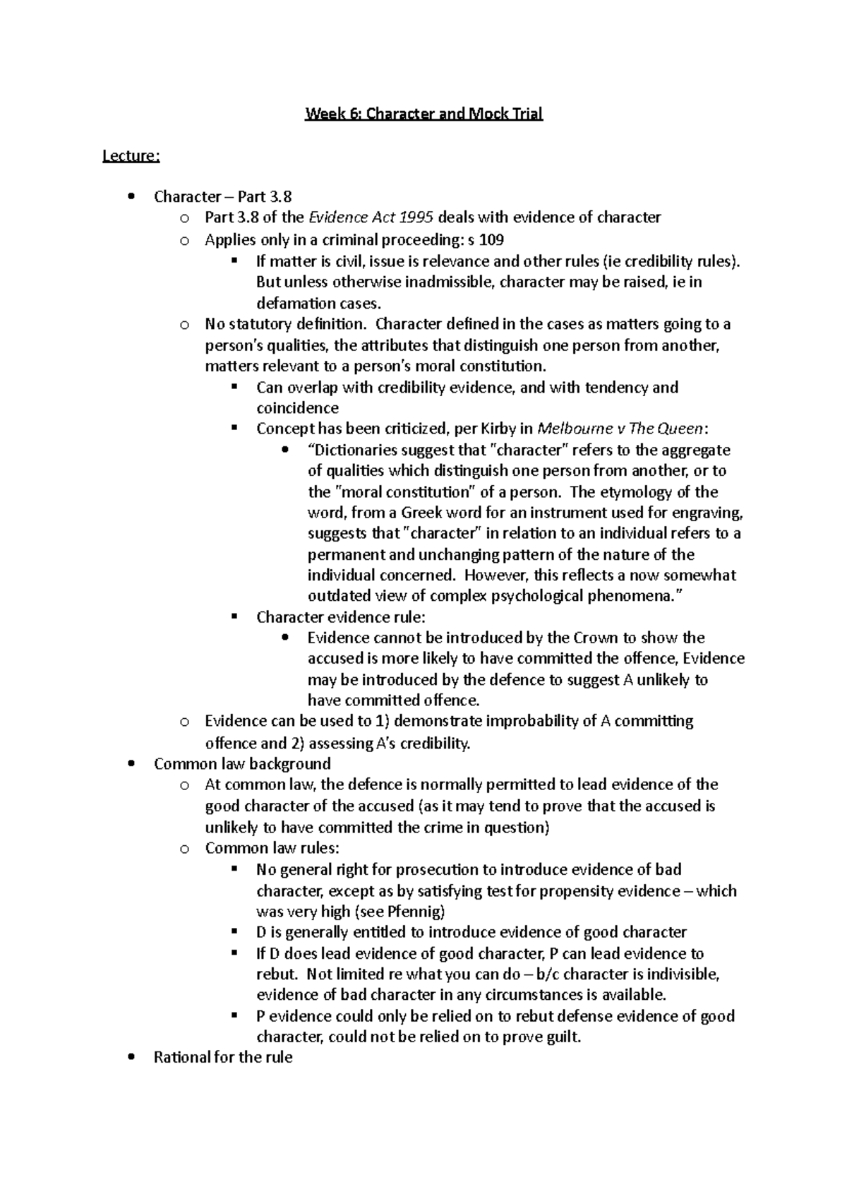 Evidence Week 6 Notes - Week 6: Character and Mock Trial Lecture ...