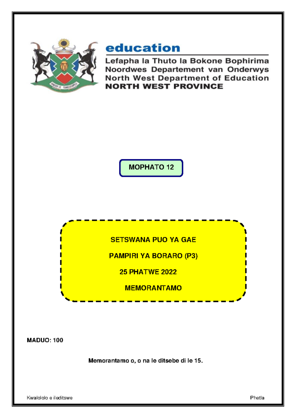 Memorantamo Mophato 12 Tlhatlhobo YA Ipaakanyo 2022 - Kwalololo e ...