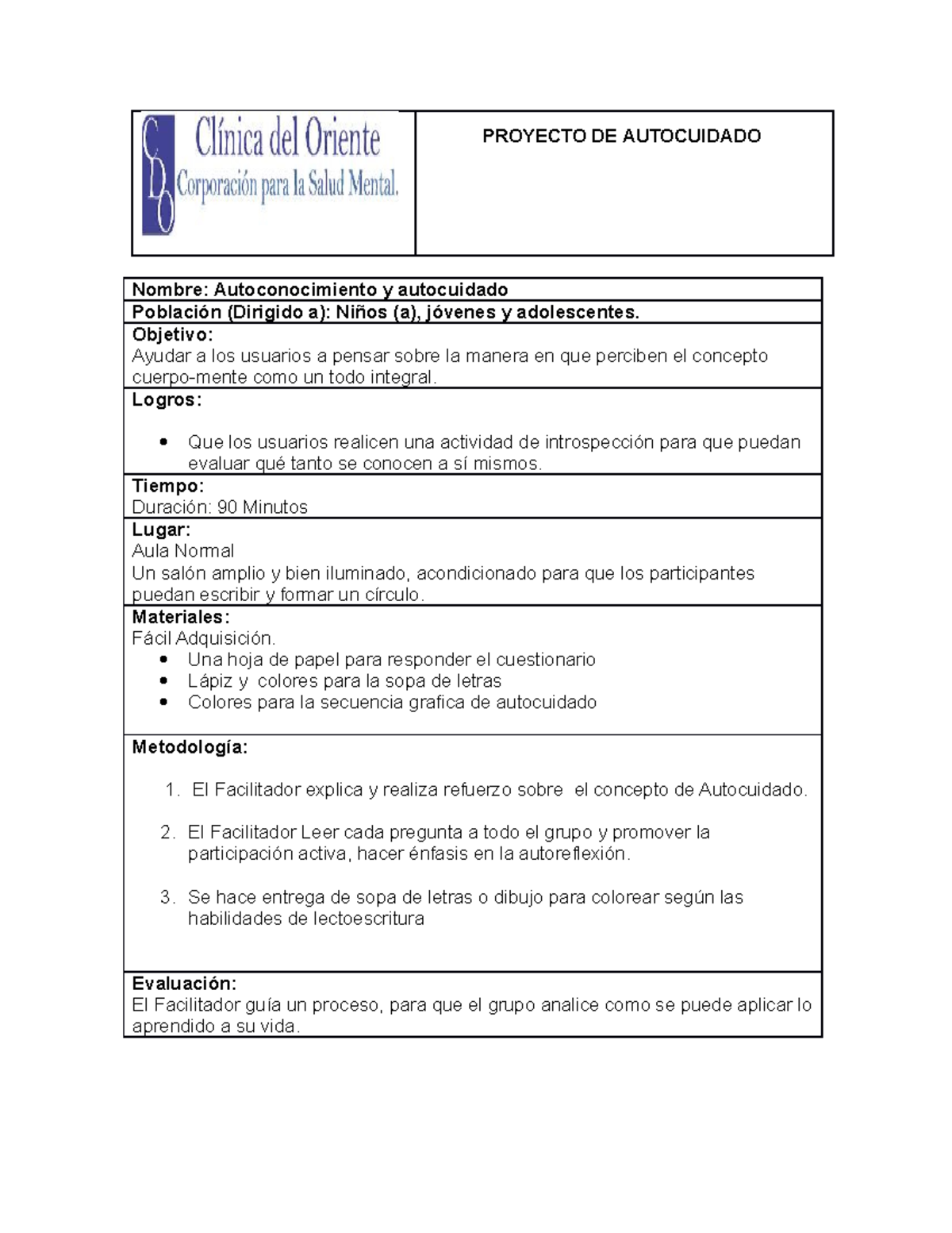 Actividad de autocuidado numero 3 - PROYECTO DE AUTOCUIDADO Nombre ...