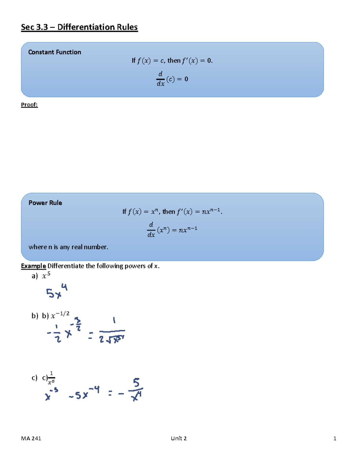 MA241 Lecture Notes Unit 2 - Sec 3 – Differentiation Rules Proof ...