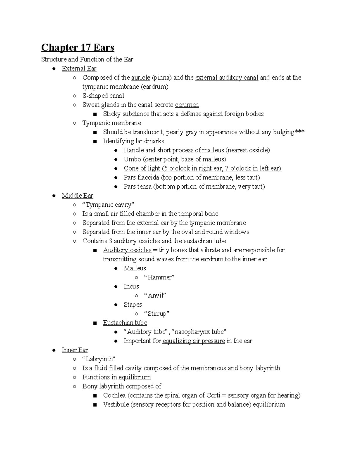 Chapter 17 - Ears - Chapter 17 Ears Structure and Function of the Ear ...