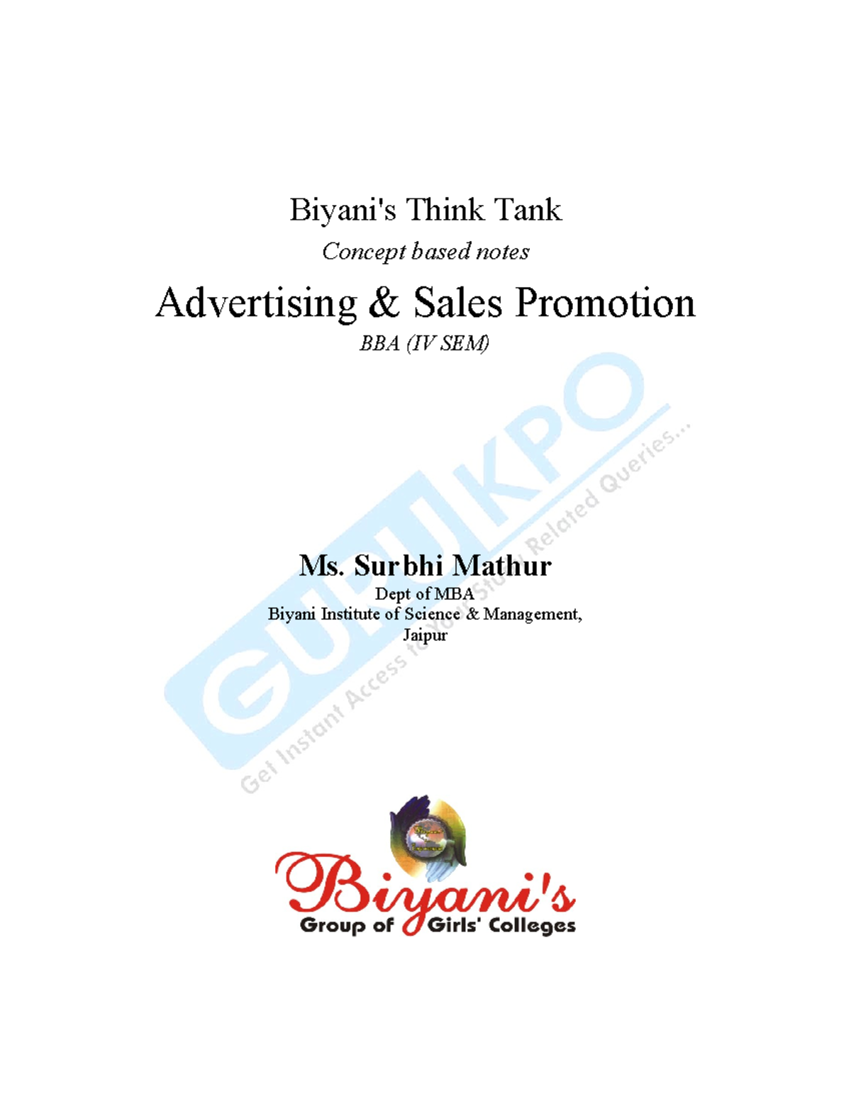 Advertising-sales promotion notes - Biyani's Think Tank Concept based ...