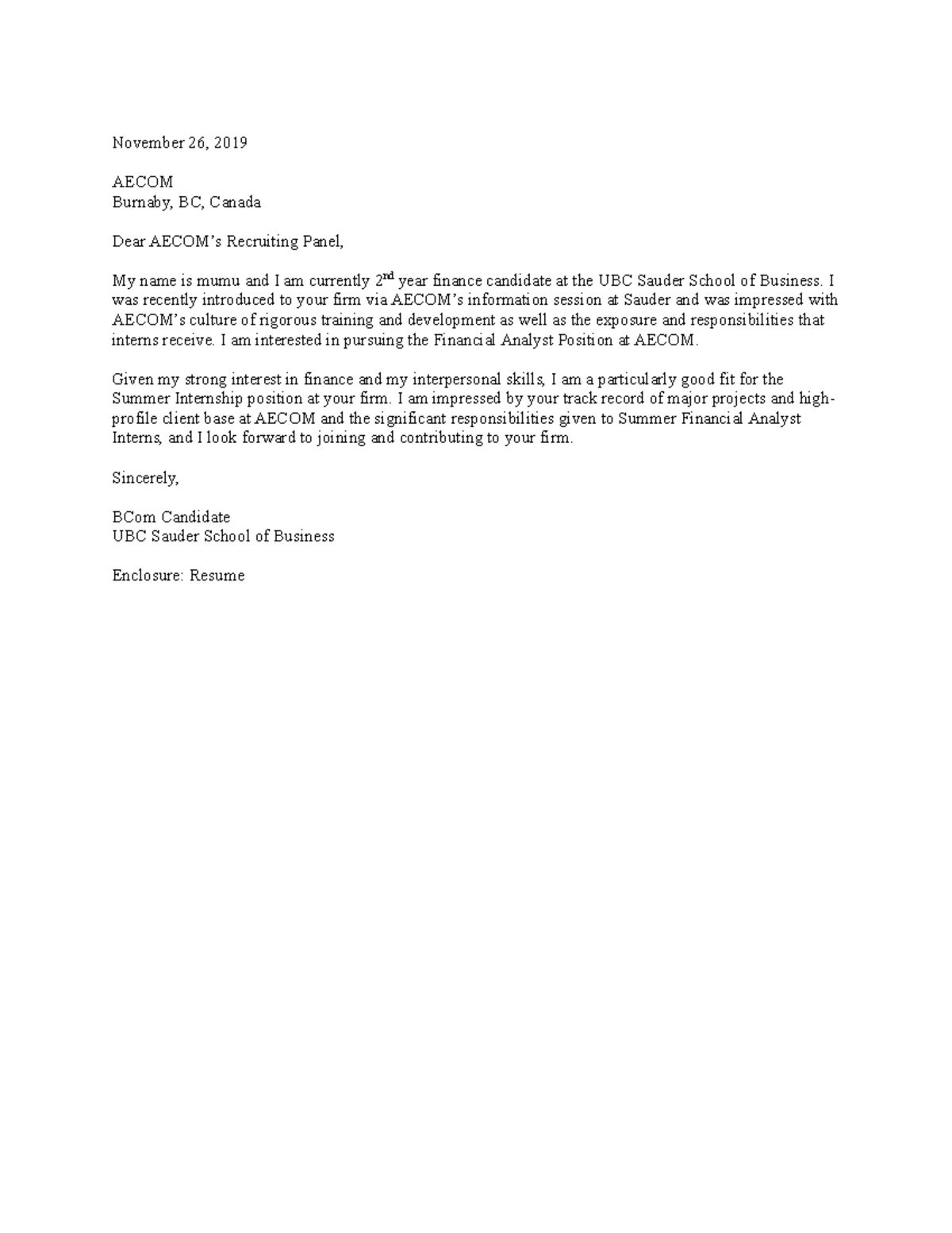 Inclass Cover Letter - November 26, 2019 AECOM Burnaby, BC, Canada Dear ...