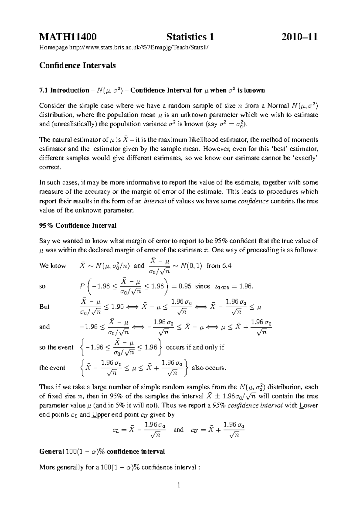 MATH11400 2010-2011 Lecture Notes 7 - Confidence intervals - MATH11400 ...