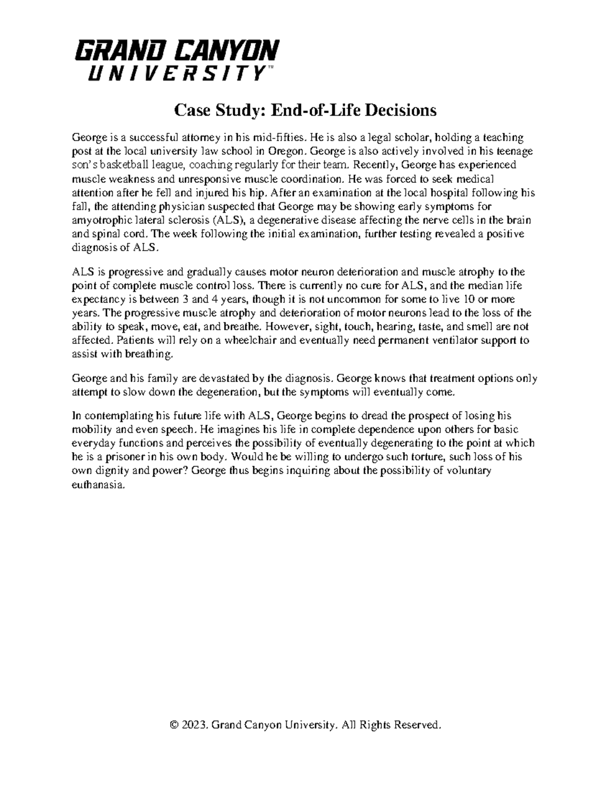 Case study - Death/dying - © 20 23. Grand Canyon University. All Rights ...