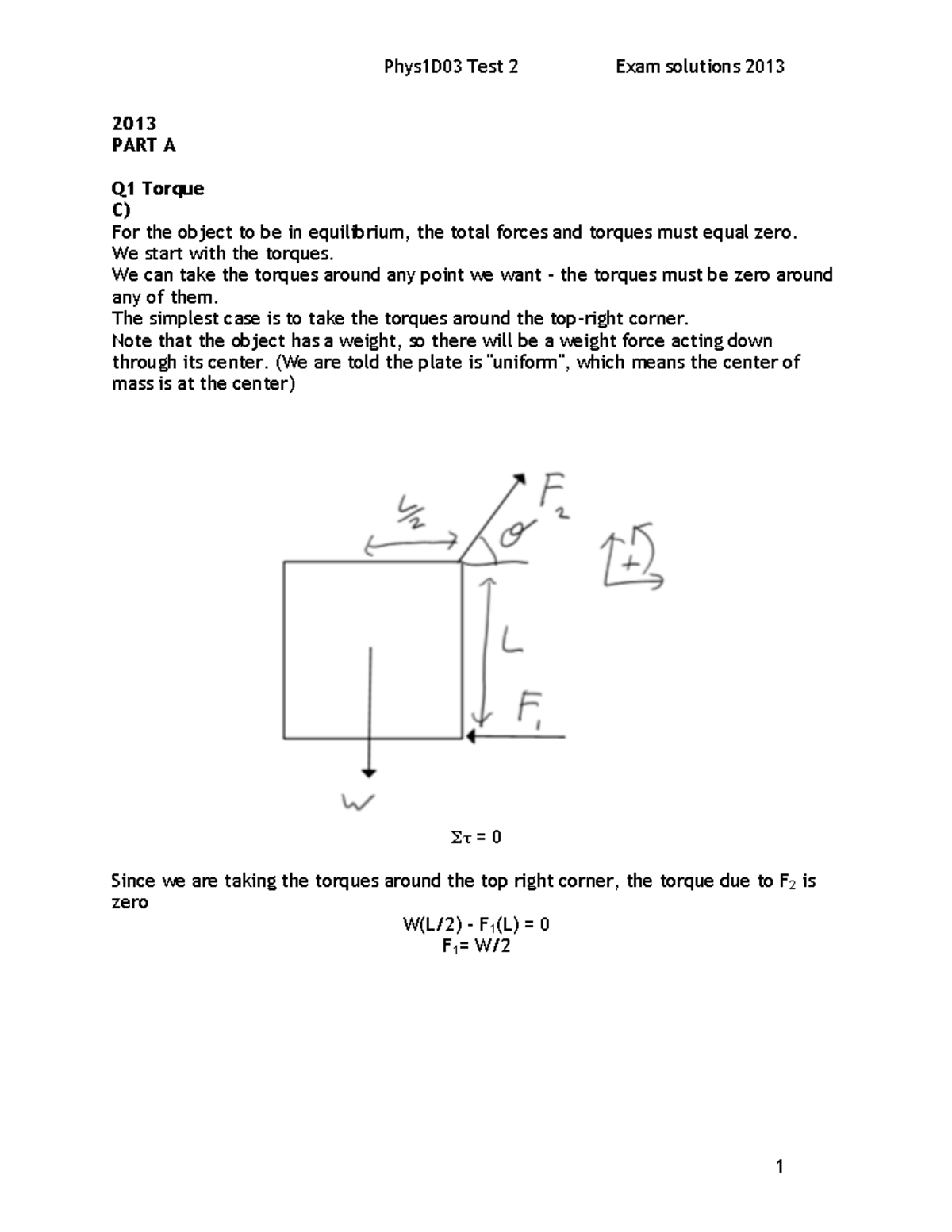 Physics 1D03 - Introductory Mechanics Test 2 Past Test Solutions - 2013 ...