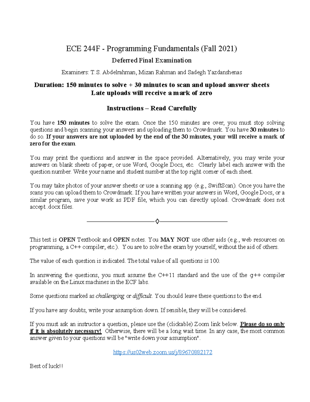 ECE244H1 20219 631670896428 Final 21 Solution - ECE 244F - Programming Fundamentals (Fall 2021 ...