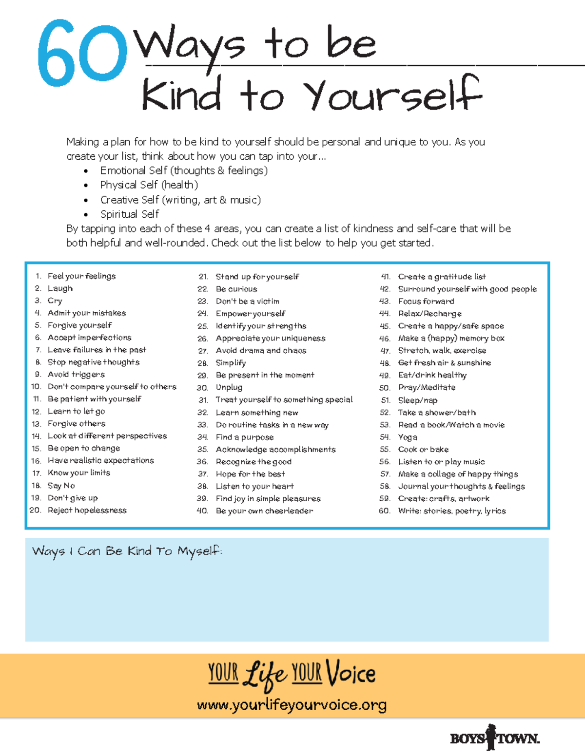 60 Ways To Be Kind - Handout - yourlifeyourvoice Create a gratitude ...