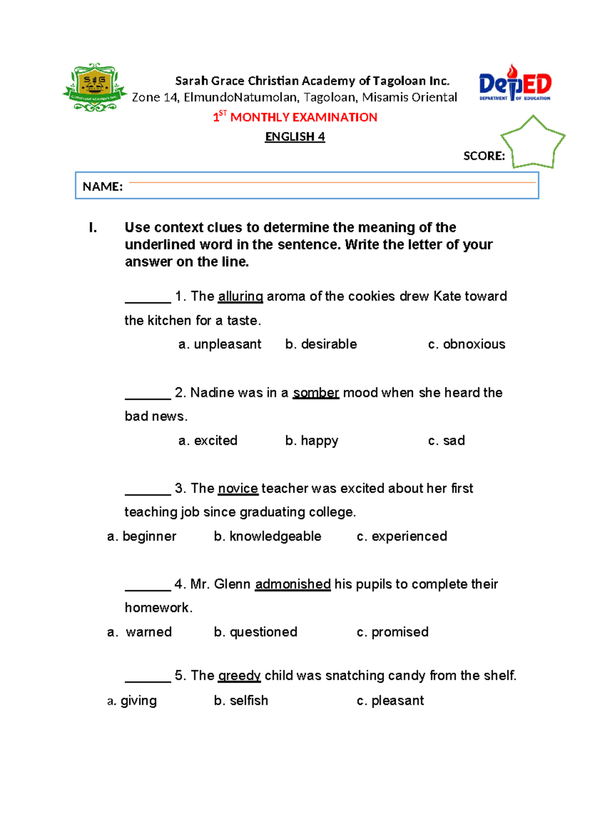 1ST Monthly EXAM - Exam for Grade 4 - NAME: Sarah Grace Christian ...