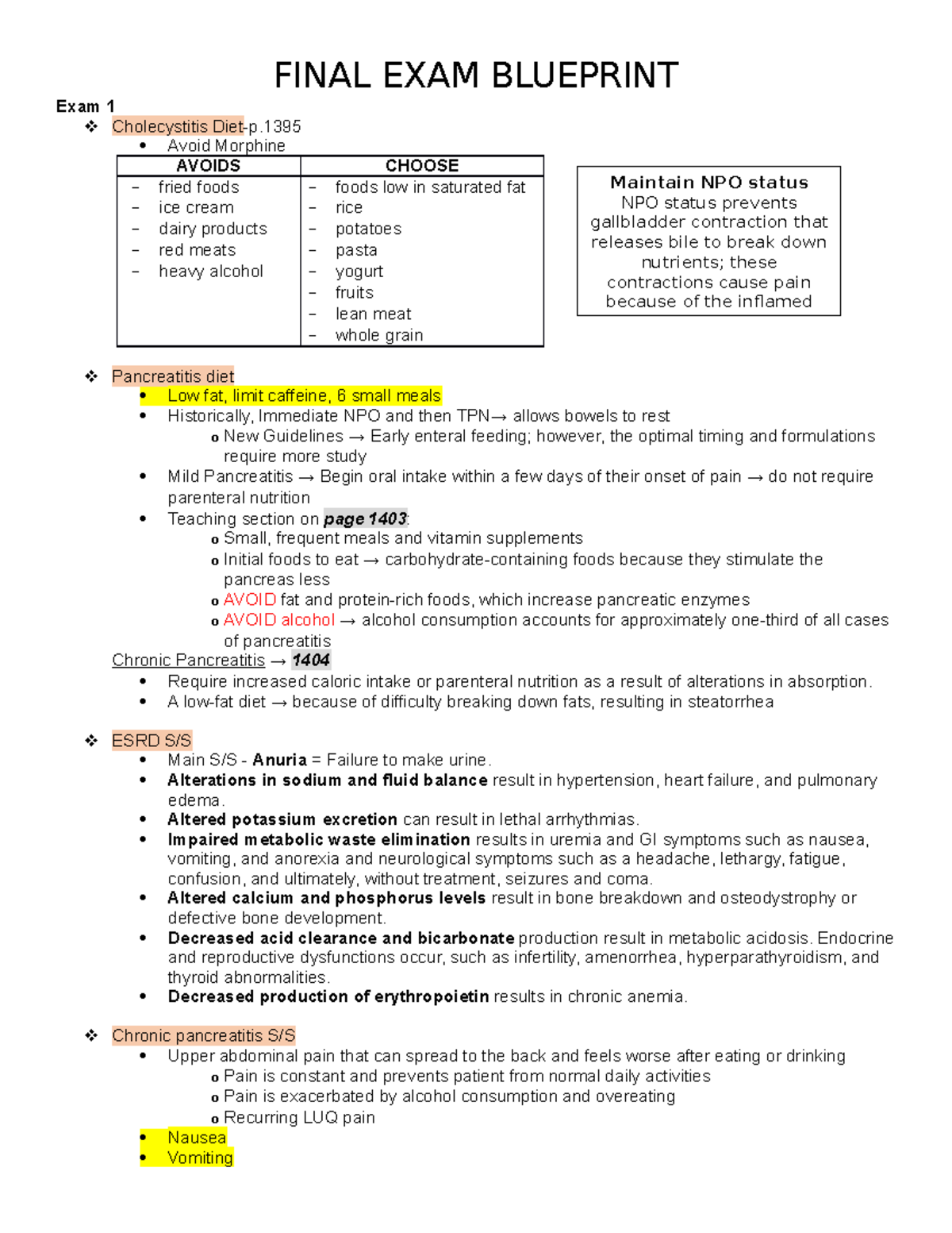 Final Exam Blue Print - FINAL EXAM BLUEPRINT Exam 1 Cholecystitis Diet ...