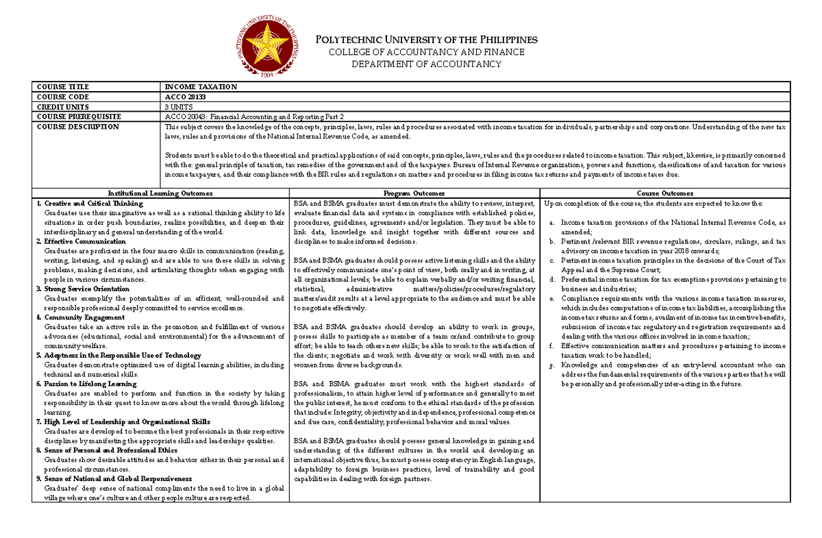Acco 2013 3 Income Taxation 2sy 2021 2022 Polytechnic University Of