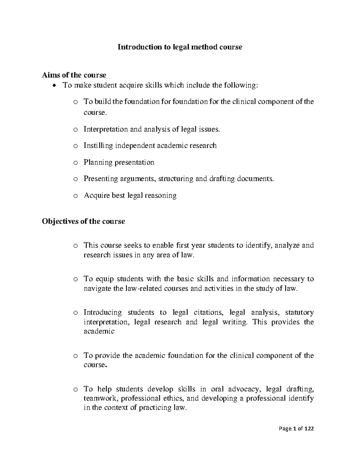 Legal Method Notes 1 - Introduction to legal method course Aims of the ...
