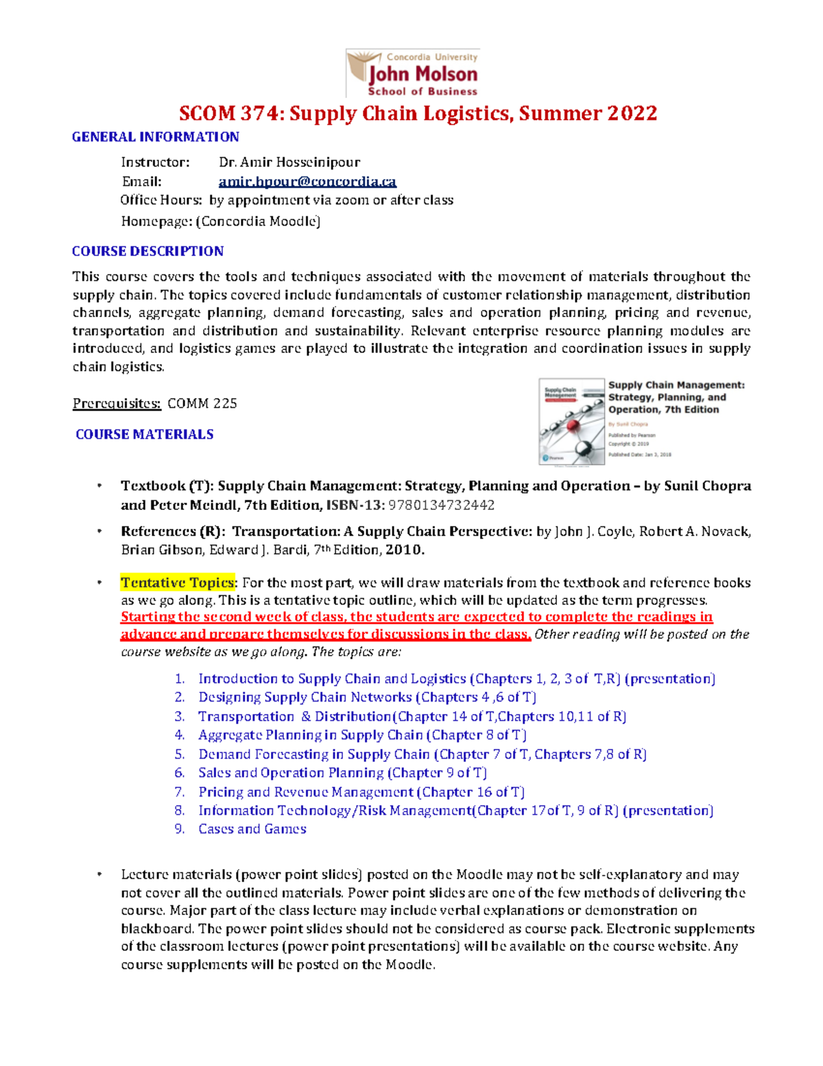 Summer 2022 Scom 374 Course outline - SCOM 374: Supply Chain Logistics ...
