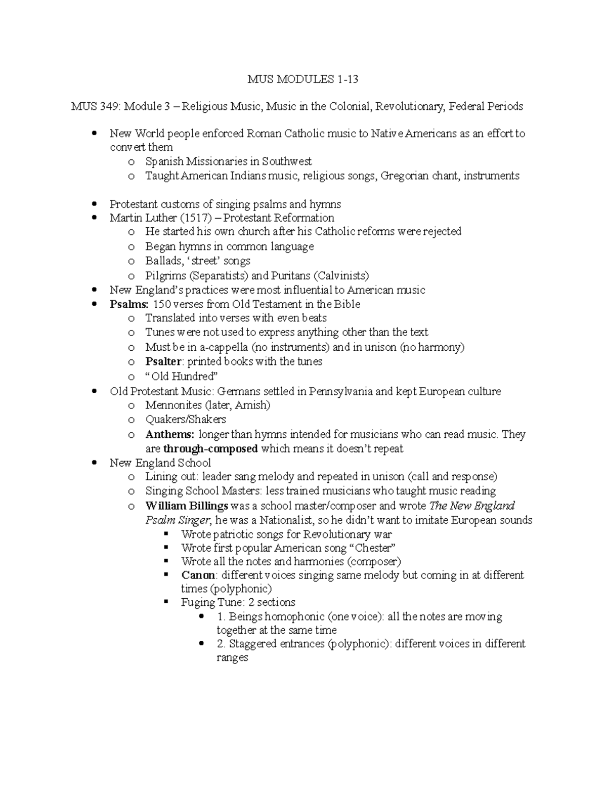 MUS 349 - Modules 1-13 - Lecture notes 1-13 - MUS MODULES 1- MUS 349 ...