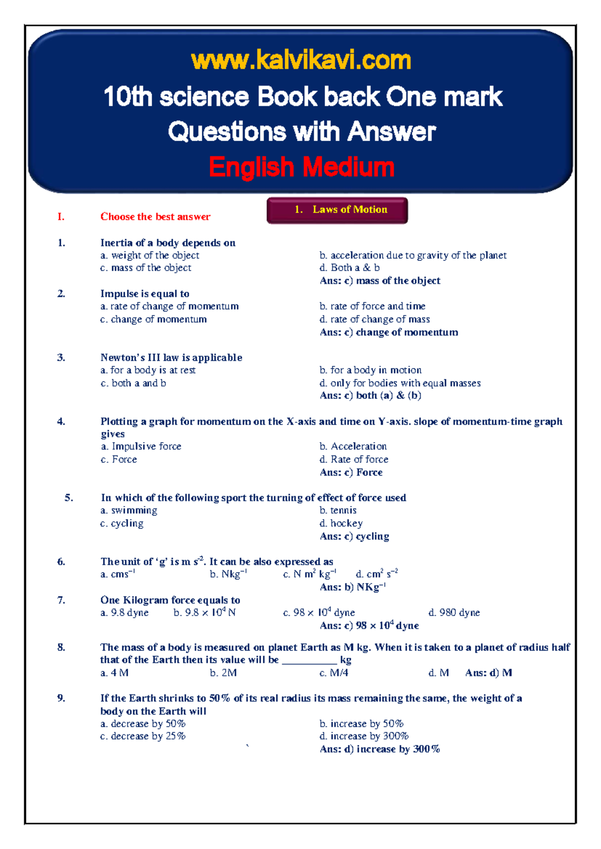 10th science 1 mark study material em 219091 - I. Choose the best ...