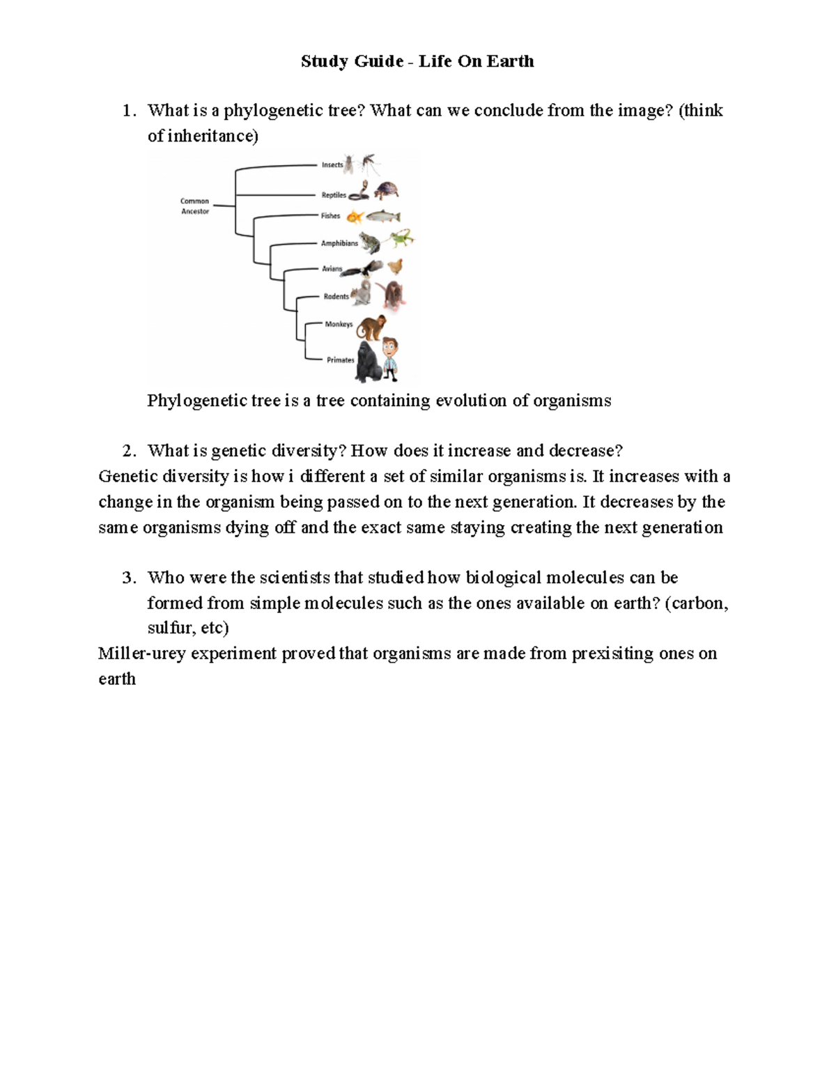 Copy of Unit 1.3 Study Guide - Origins of Life - What is a phylogenetic ...