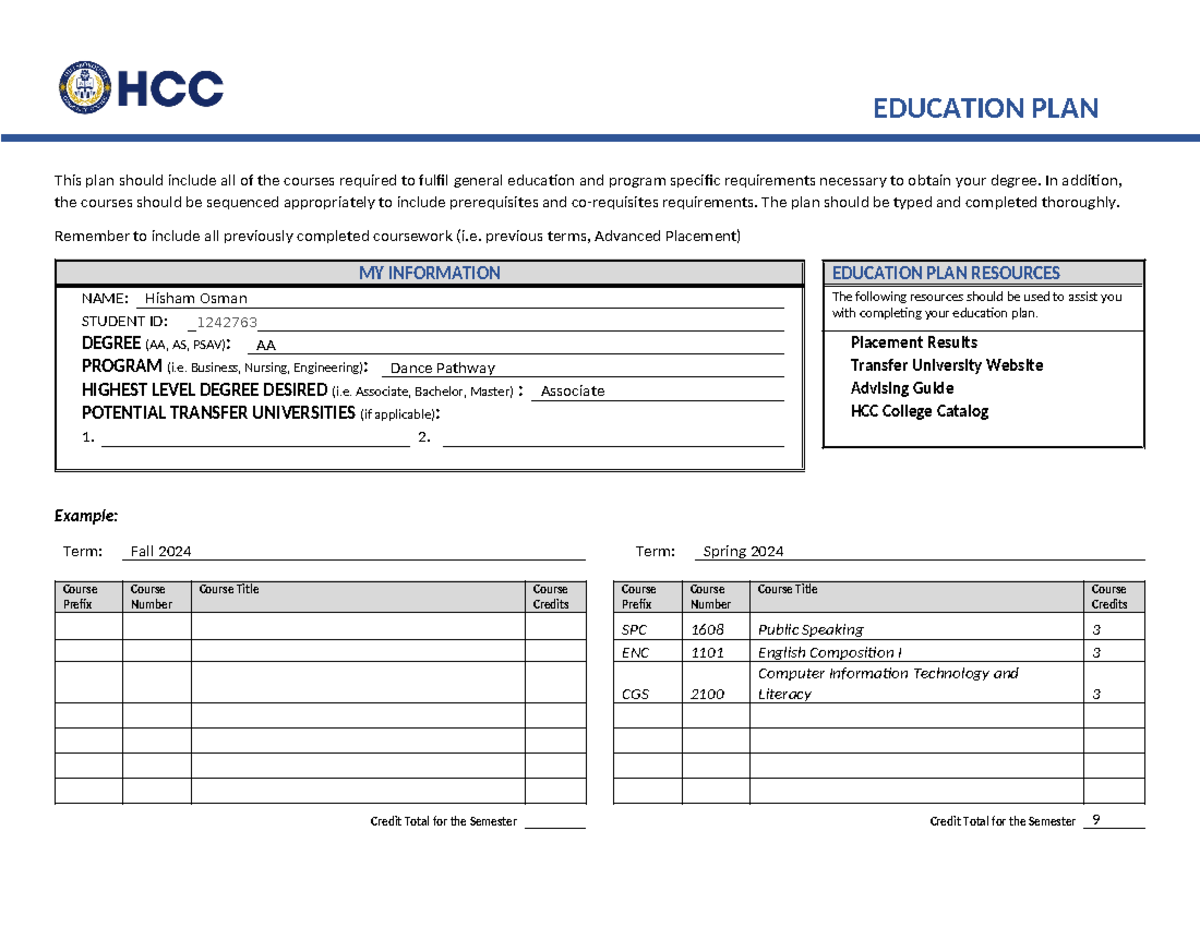 Final Education Plan - This plan should include all of the courses required to fulfil general ...