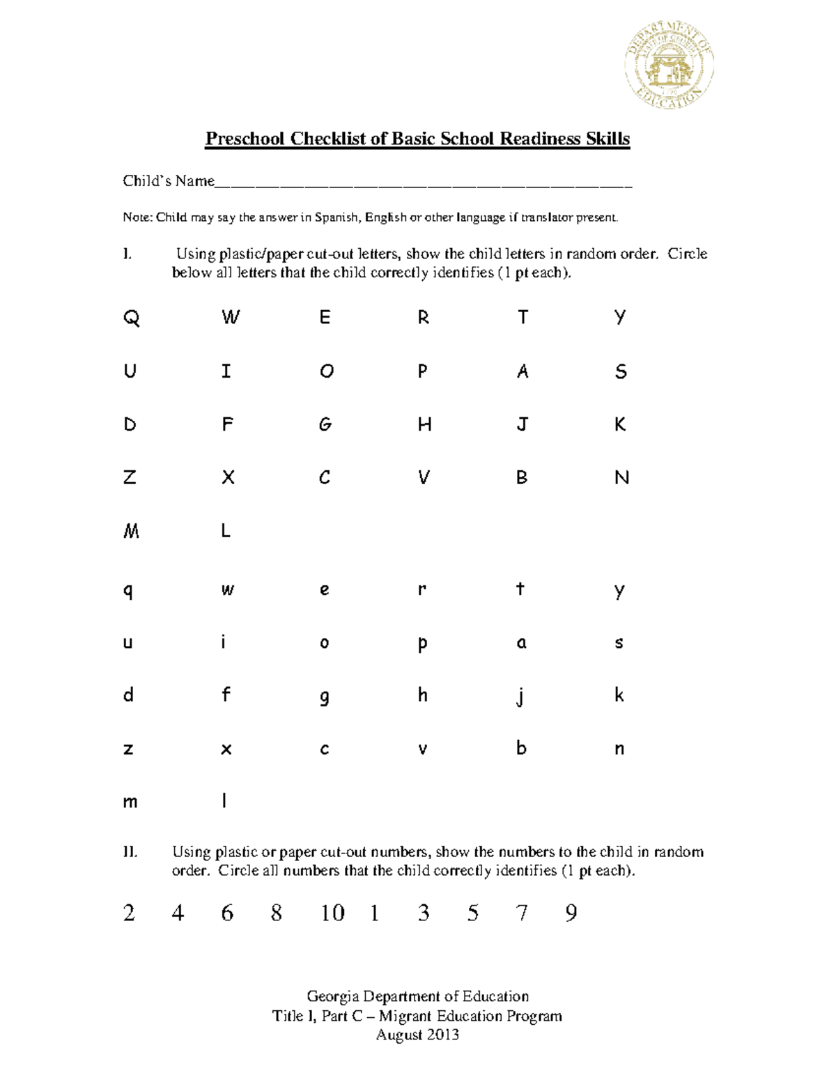 Preschool Readiness Skills Checklist - Georgia Department of Education ...