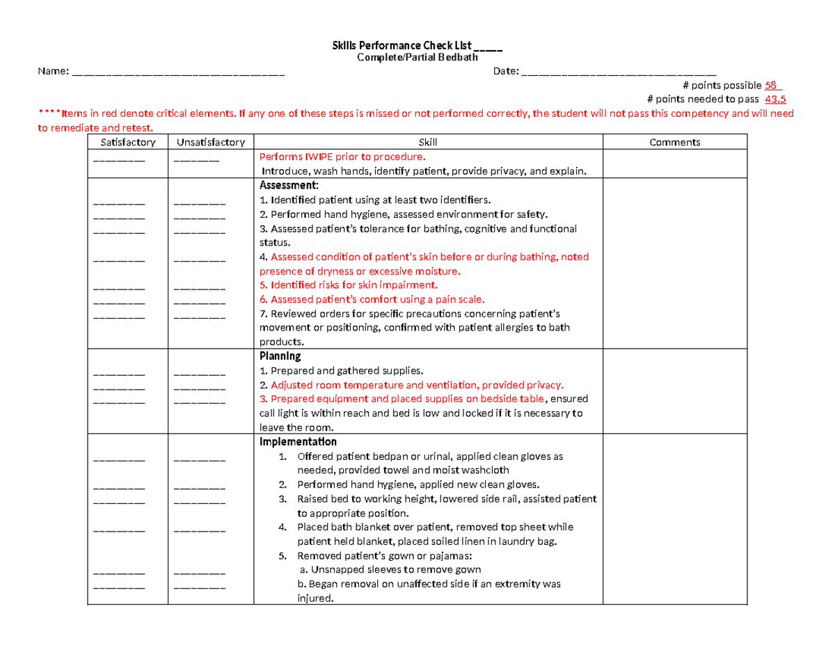 Skills Performance Checklist - Complete-Partial Bedbath - Skills ...