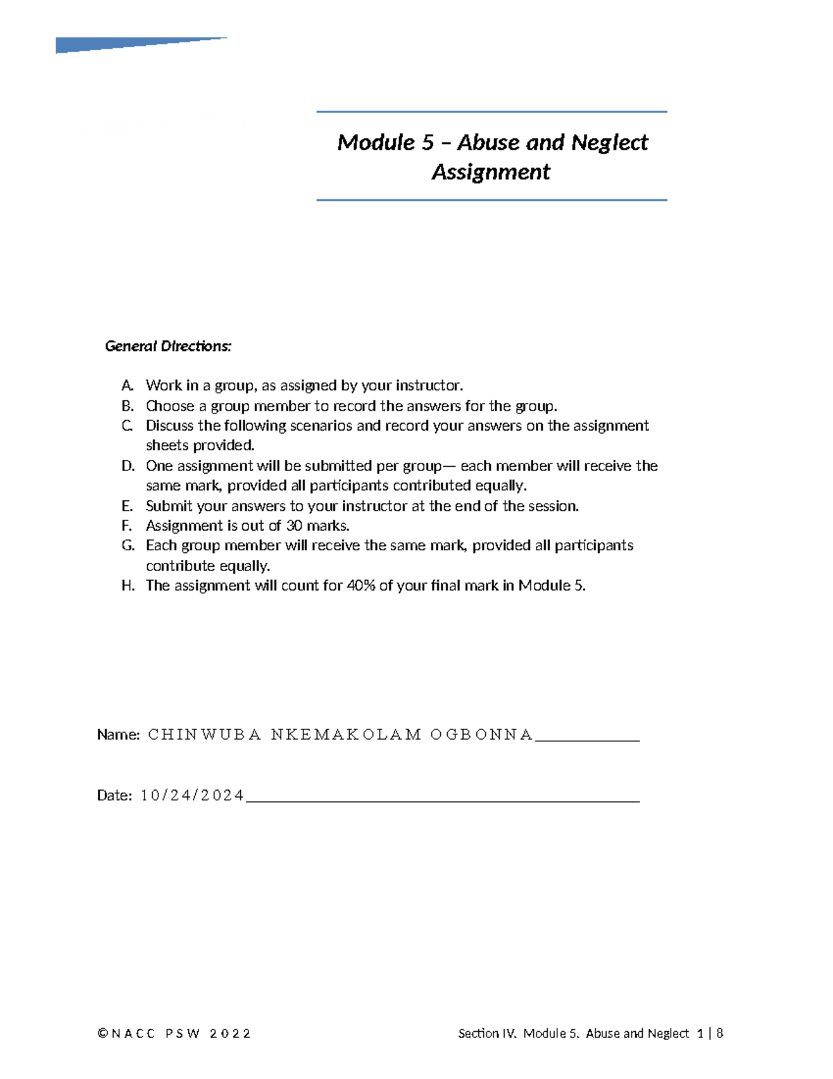 Assigmt - Module 5 Abuse and Neglect 1 - Module 5 – Abuse and Neglect ...