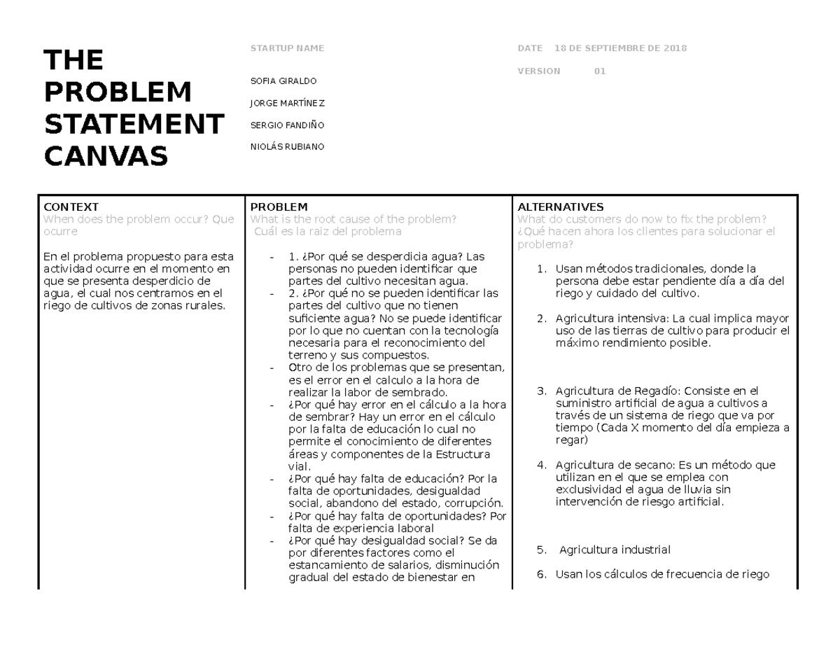 Canvas innovacion modelo de negocio - THE PROBLEM STATEMENT CANVAS STARTUP NAME DATE 18 DE - Studocu