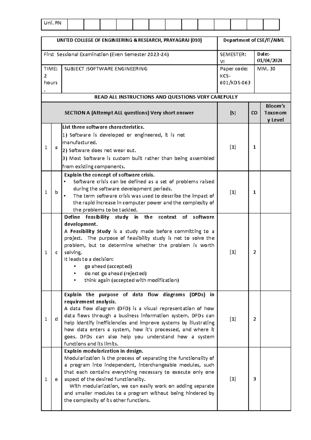 Solution Software Engineering 1st Sessional Exam Even Sem (2023-24) - UNITED COLLEGE OF ...