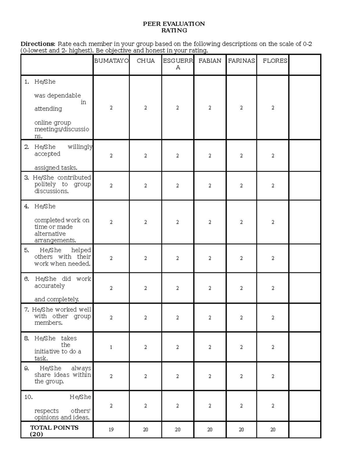 Bravo AJM 1MT-R PE - sample only - PEER EVALUATION RATING Directions ...