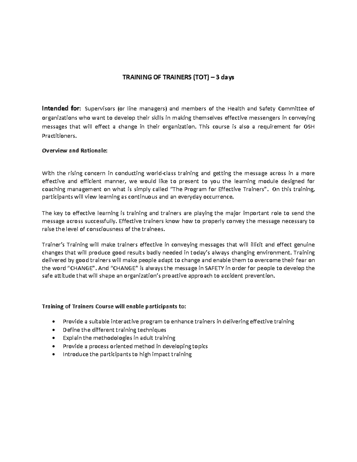 Training OF Trainers Outline - TRAINING OF TRAINERS (TOT) – 3 days ...