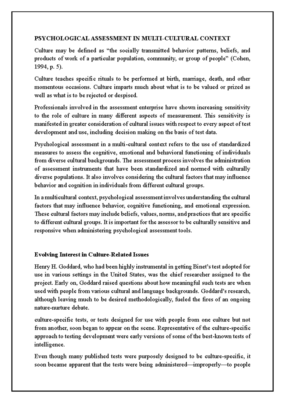 Psy ass ass - assingment - PSYCHOLOGICAL ASSESSMENT IN MULTI-CULTURAL ...