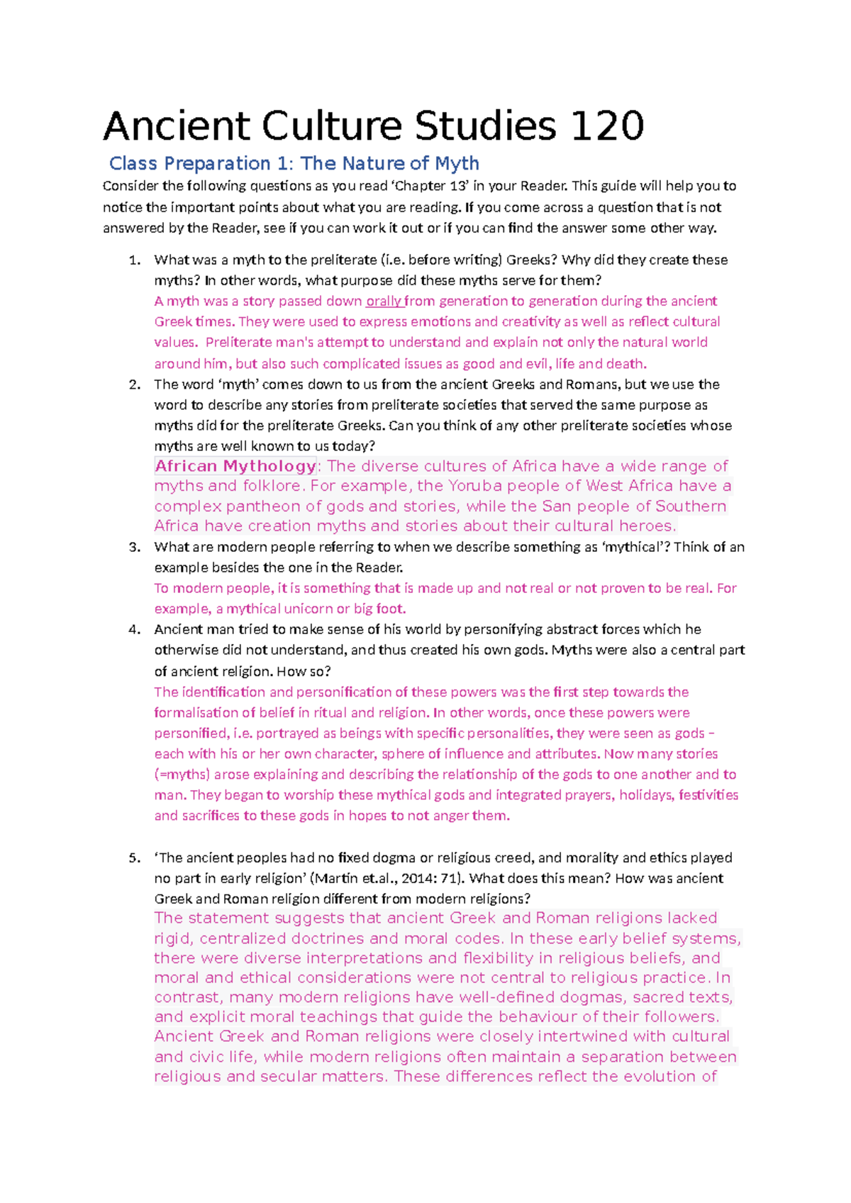 AKG 120 Myths Notes - Ancient Culture Studies 120 Class Preparation 1 ...