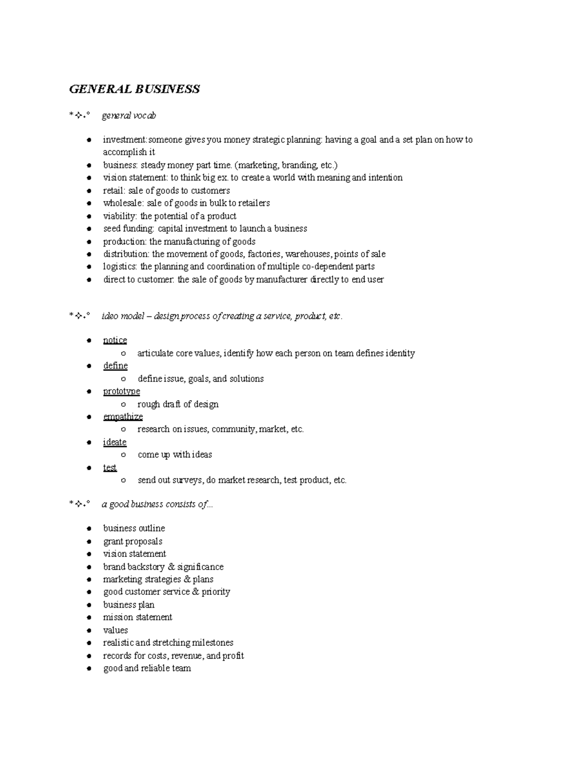 General Business - Study Notes - GENERAL BUSINESS * ˖°฀ general vocab ...
