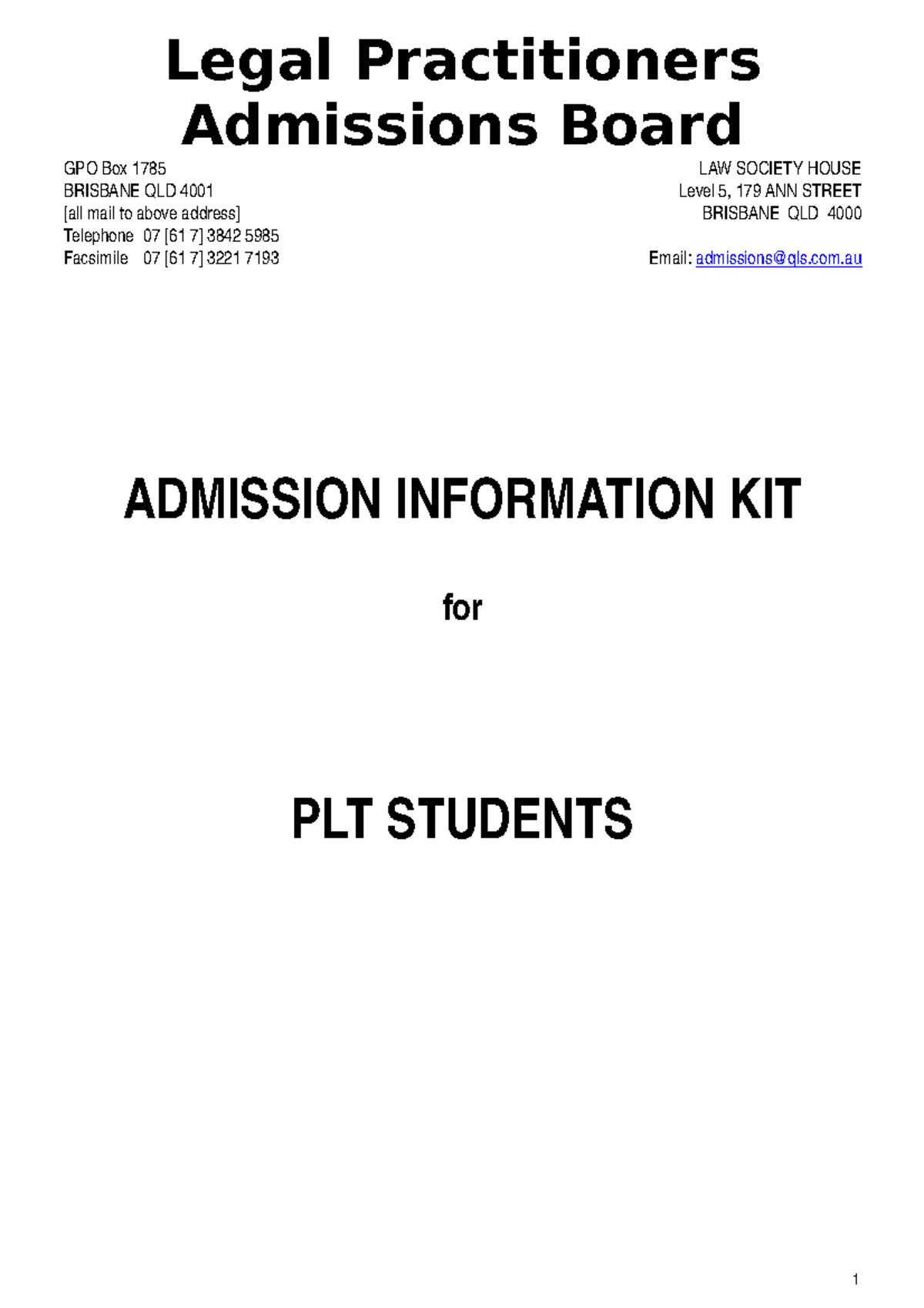 Admission KIT FOR PLT Students 1 July 2018 - QP2106F_1 - Studocu