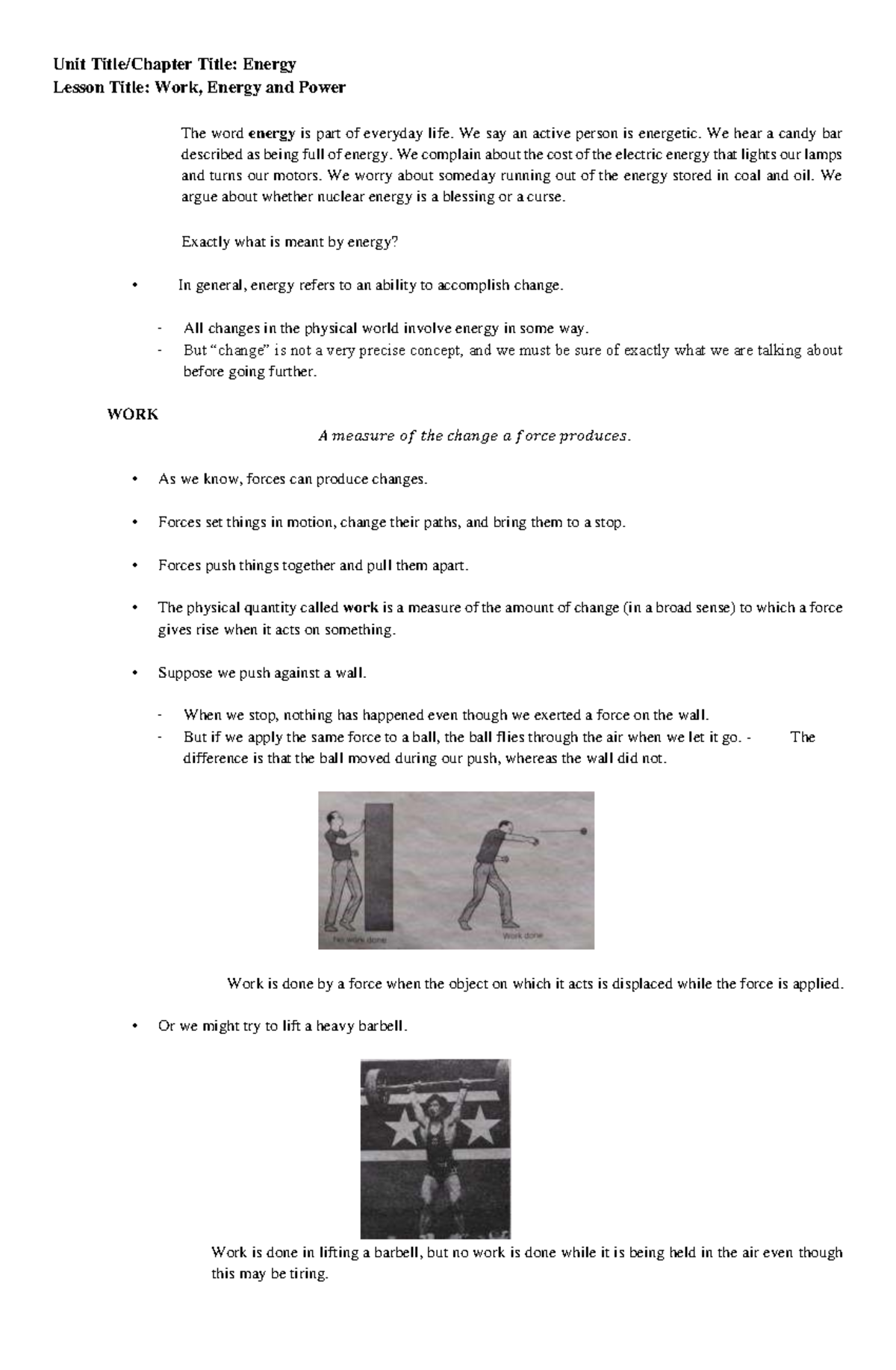 Energy - WORK, ENERGY, AND POWER - Unit Title/Chapter Title: Energy ...