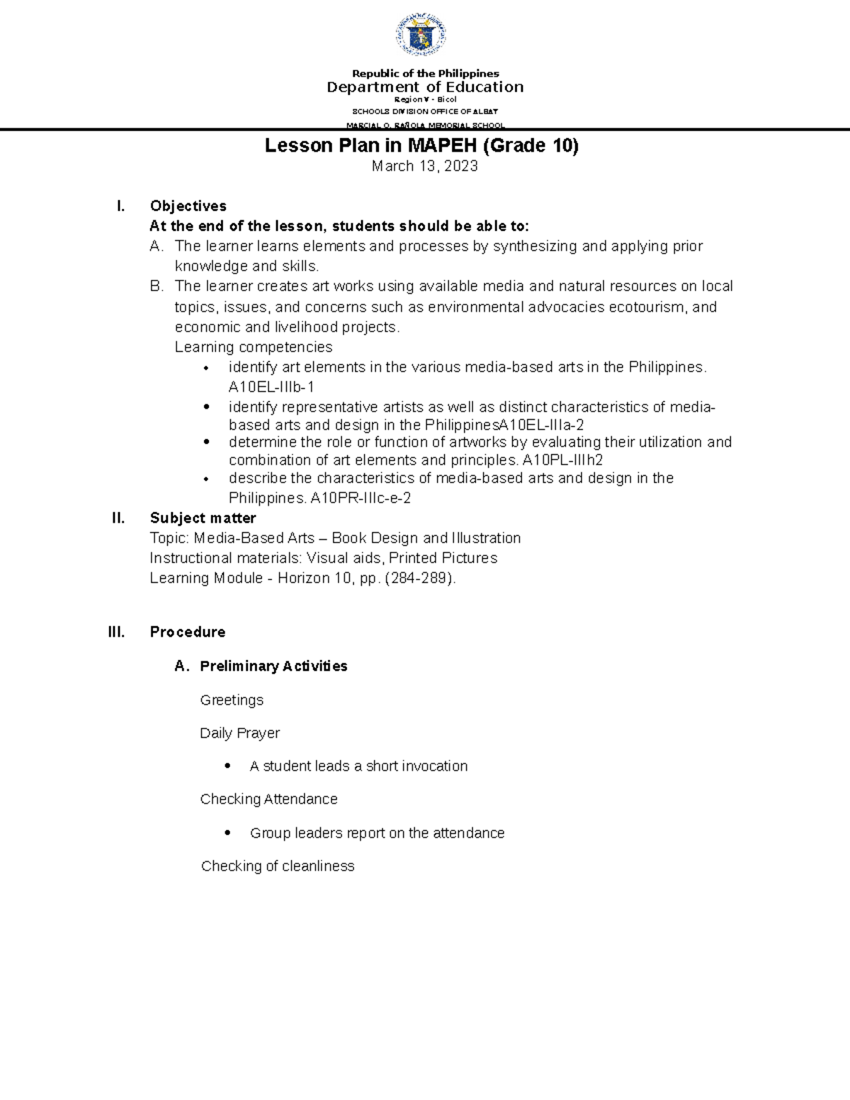 Lesson Plan in Mapeh Book Design and Illustration - Republic of the ...