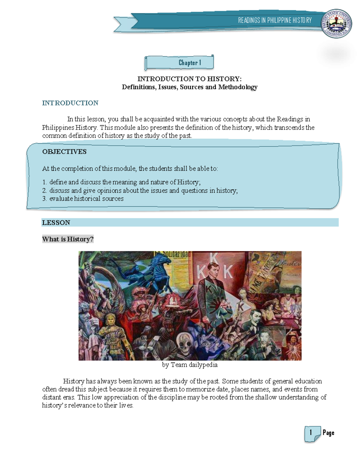 Readings in Phil History C1 - 1 Page Chapter 1 INTRODUCTION TO HISTORY ...