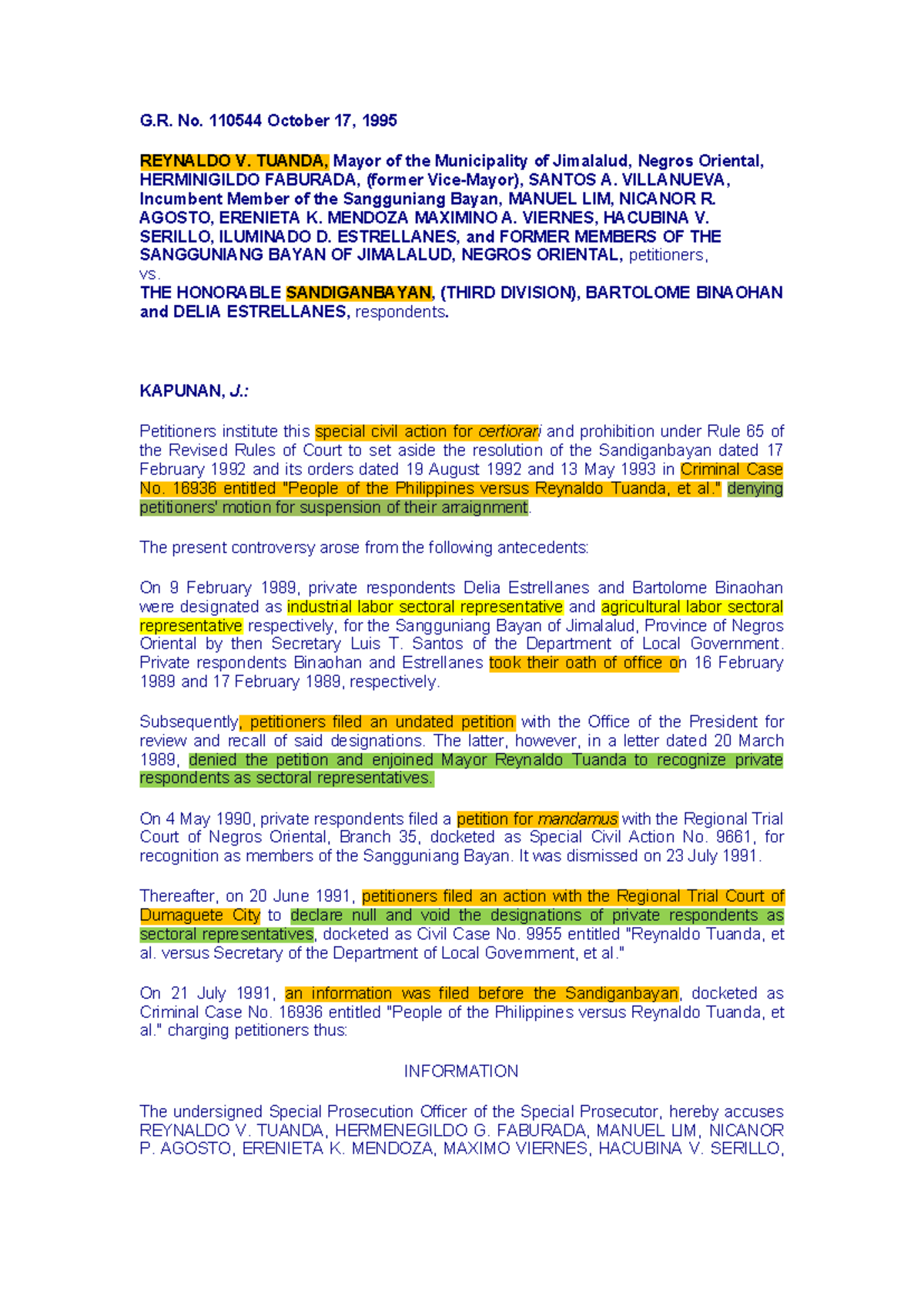 Tuanda CASE - essay - G. No. 110544 October 17, 1995 REYNALDO V. TUANDA ...